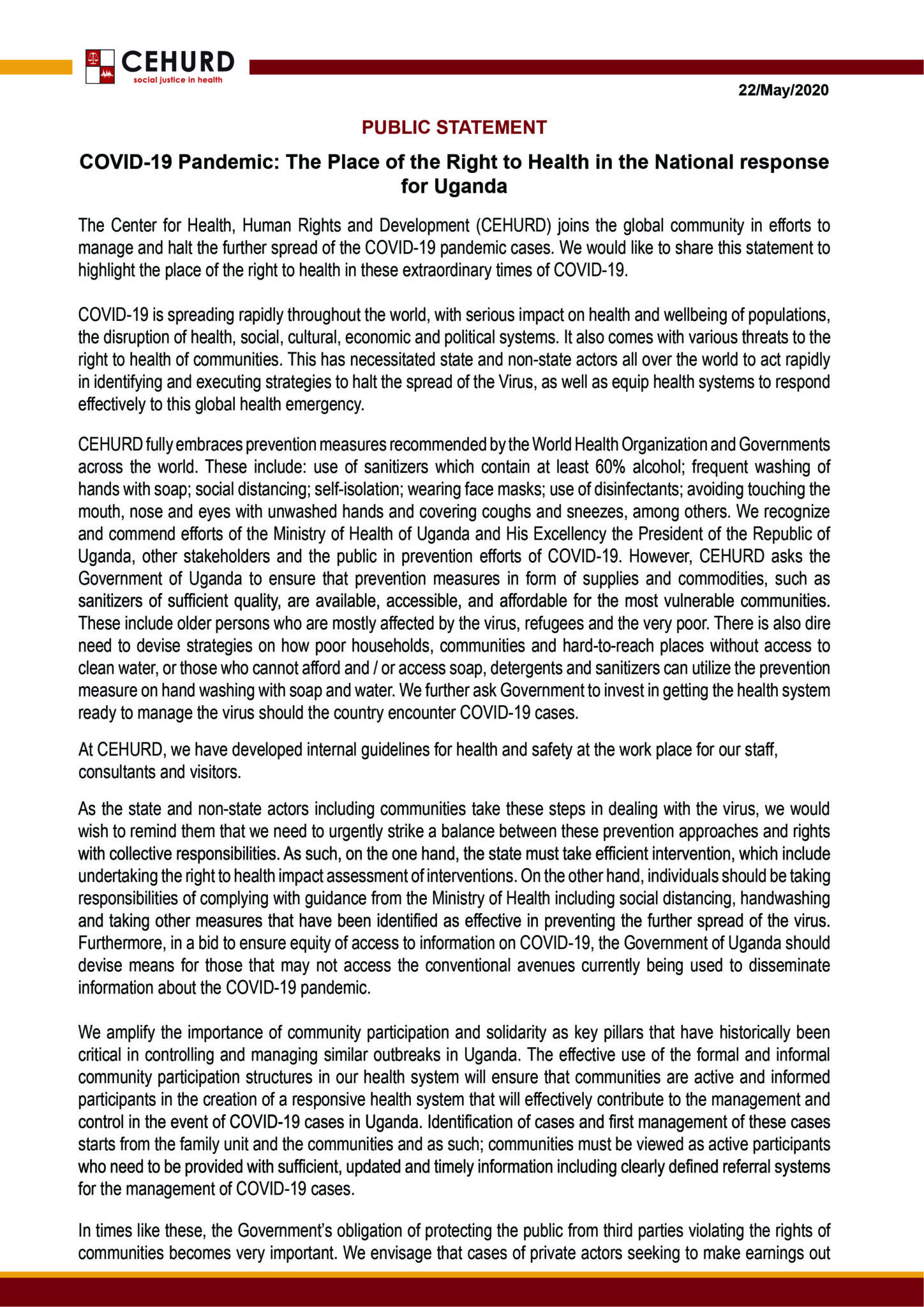 PUBLIC STATEMENT: COVID-19 Pandemic; The Place of the Right to Health ...